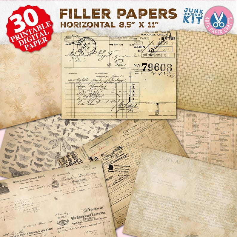 Horizontal Junk Journal Filler Papers, Tea, Vintage, Neutral, Old ...