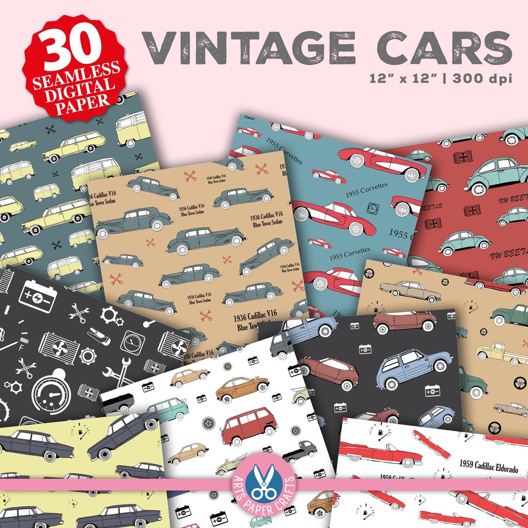 Vintage Cars Digital Papers Set - Cars Background - Vintage Cars ...
