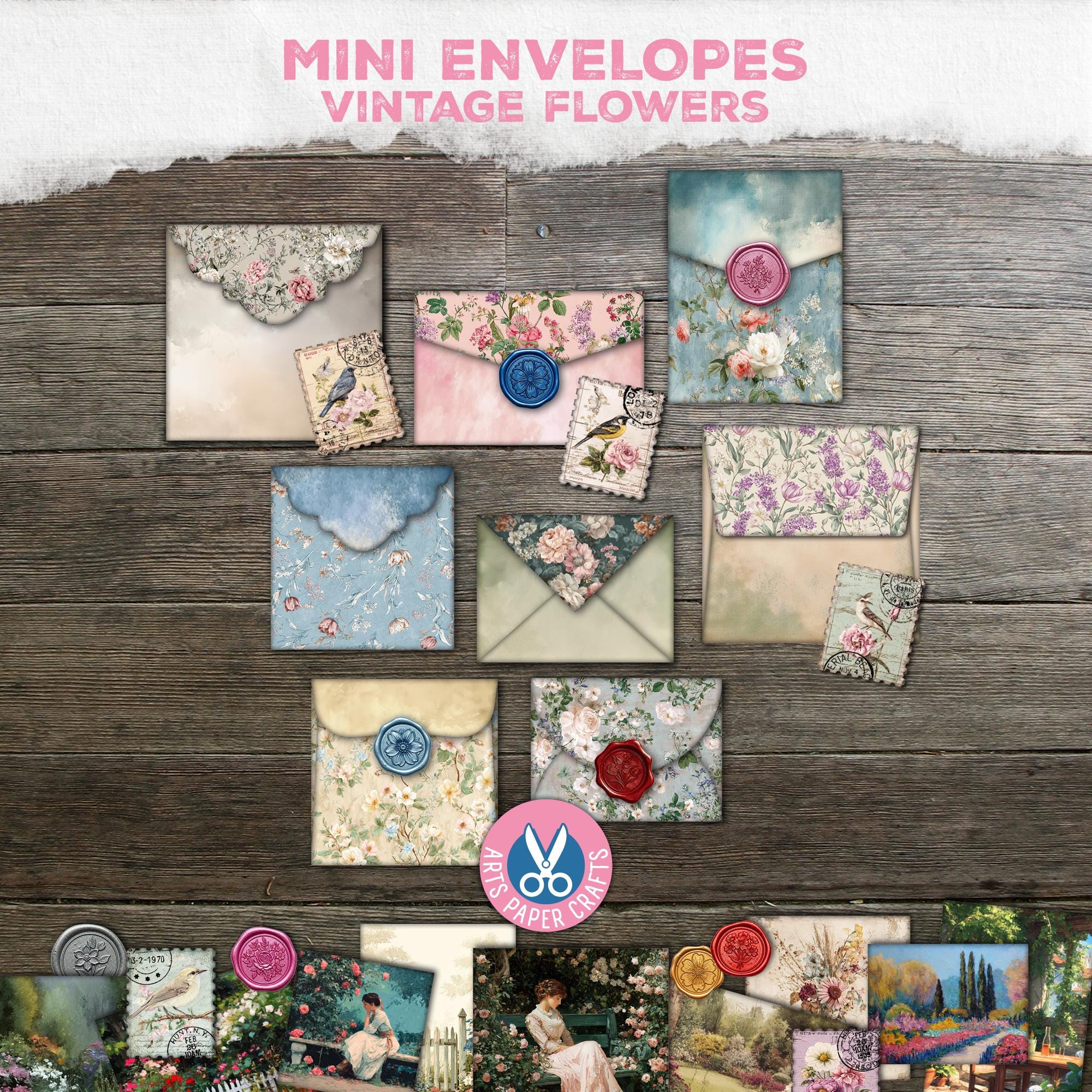 Vintage Flowers, Shabby Chic Mini Envelopes, Floral, Junk Journal, Pink ...