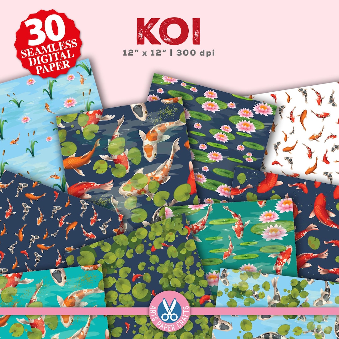 Koi Fish Digital Papers - Japanese Art Background - Lotus Koi Seamless ...