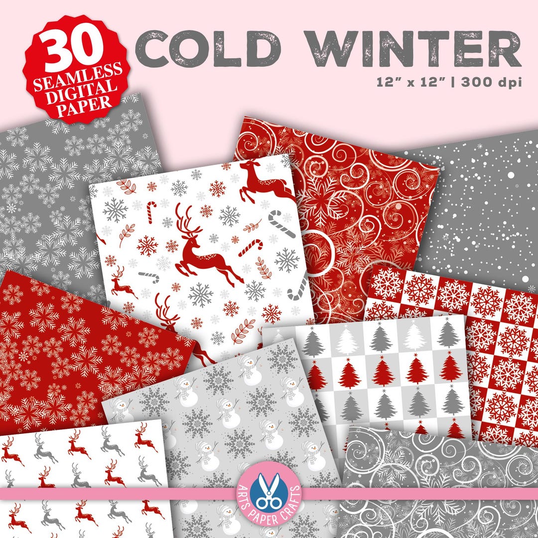 Cold Winter Pattern Paper, Winter Party Paper, Red Gray White Digital ...