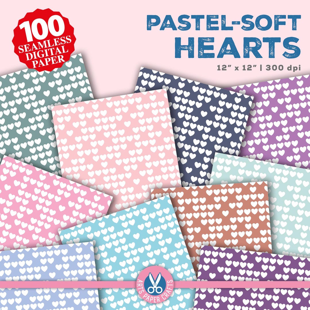 100 Pastel and Soft Color Heart Digital Papers Set - Hearts Background ...