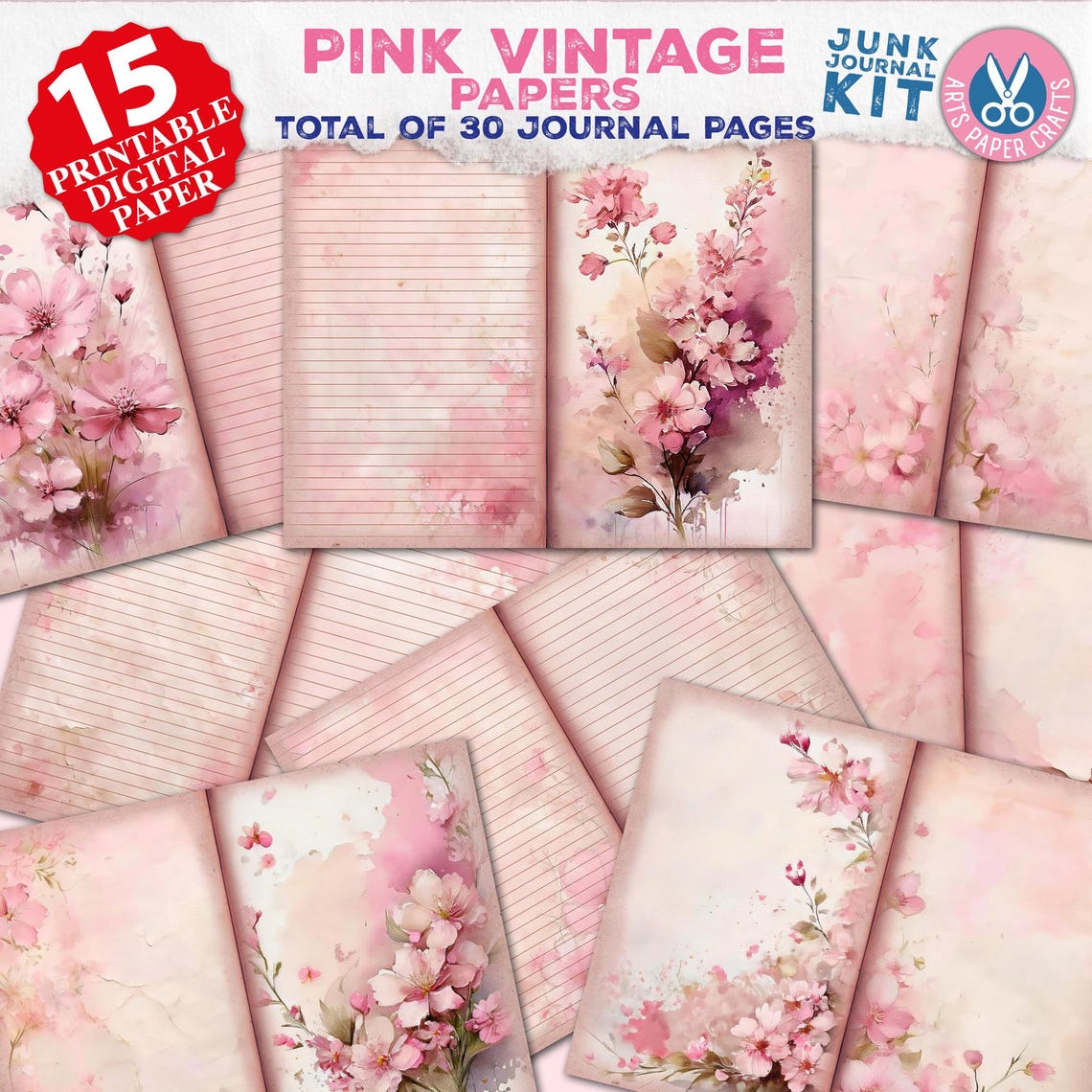 Pink Pages for Scrapbook and Junk Journal - Watercolor Paper - Vintage ...