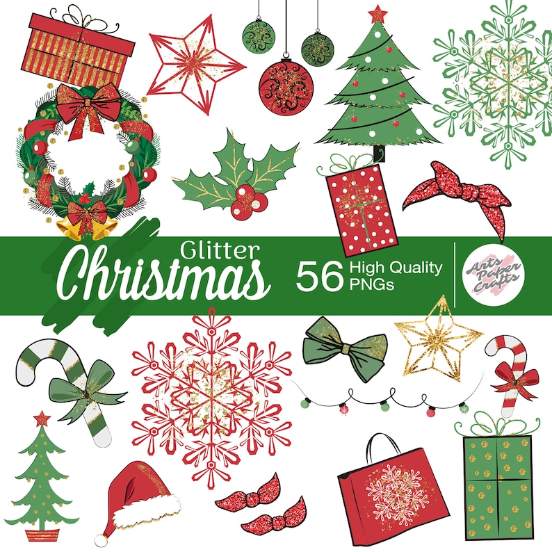 56 Glitter Christmas Clipart Set Christmas Clipart Glitter Png Instant ...