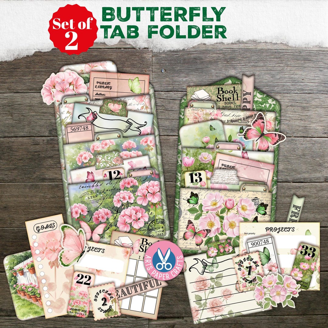 Vintage Butterflies Tab Folders, Pocket Tags, Shabby Script, Junk ...