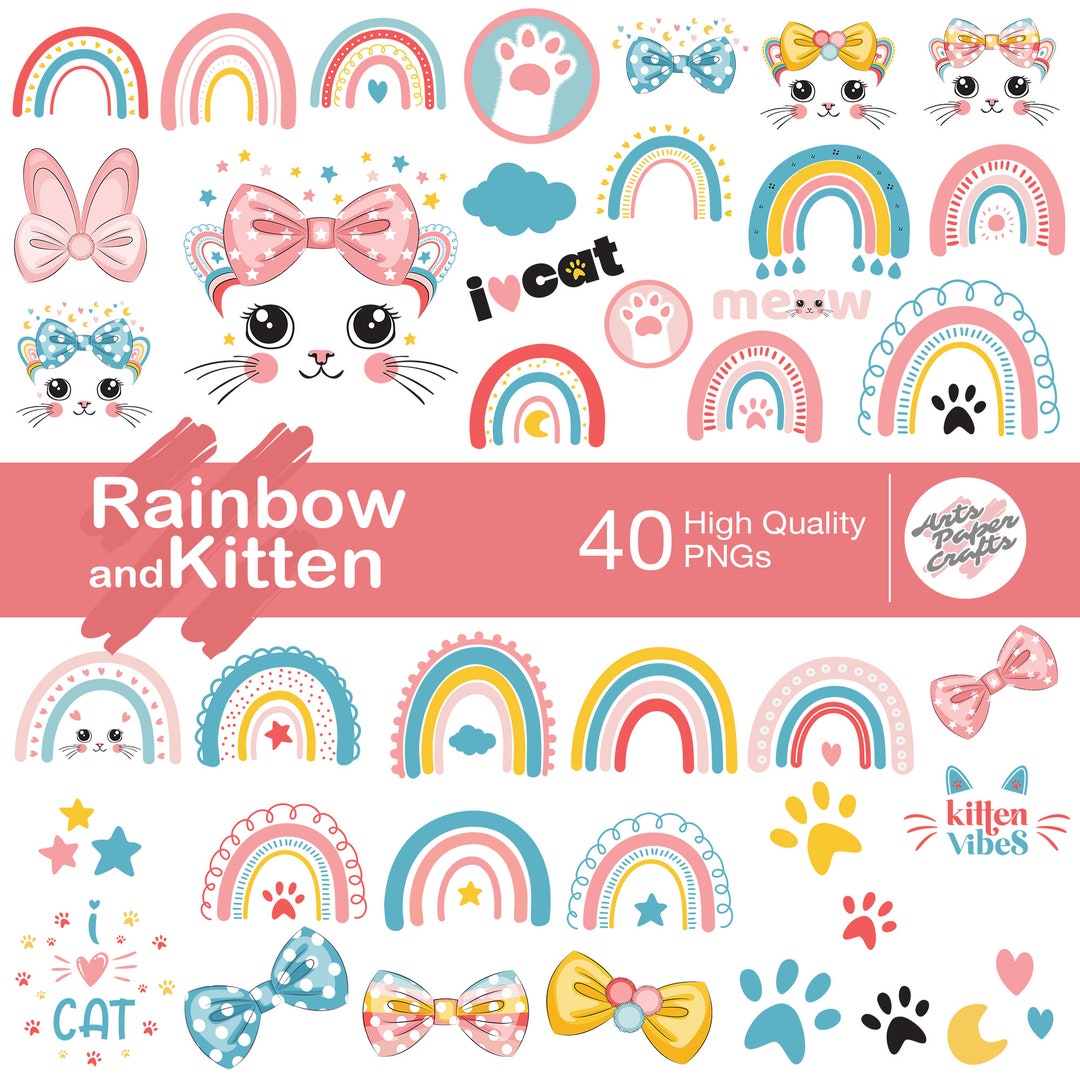 40 Rainbow and Cute Cat Clipart Set Kawaii Cats Clipart Gatos PNG ...