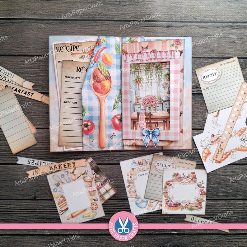 Junk Journal, Shabby Chic Digital Recipe Folio, Tab Folder, Recipe ...