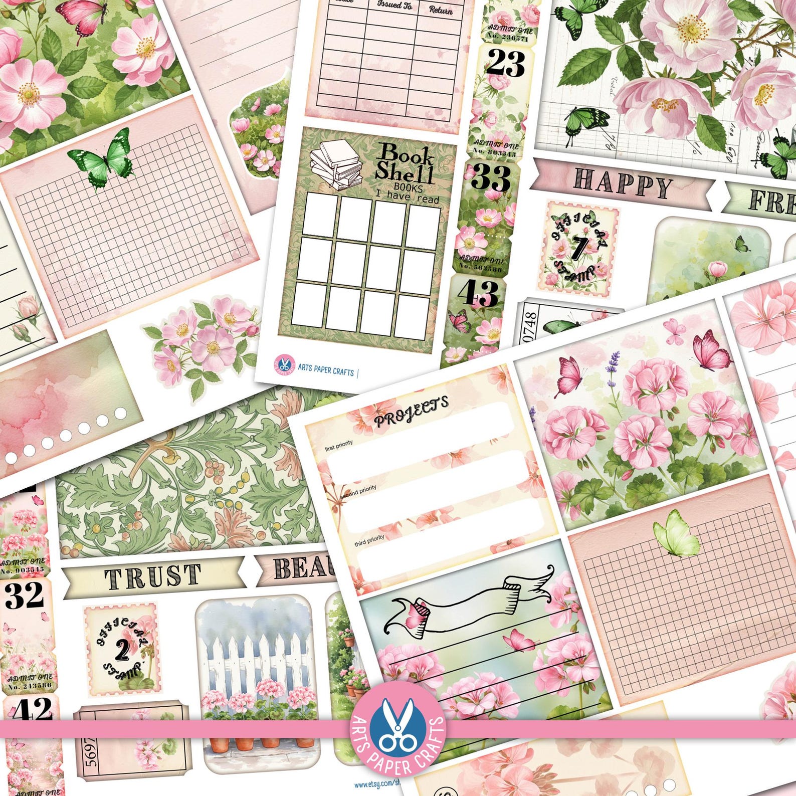 Vintage Butterflies Tab Folders, Pocket Tags, Shabby Script, Junk ...