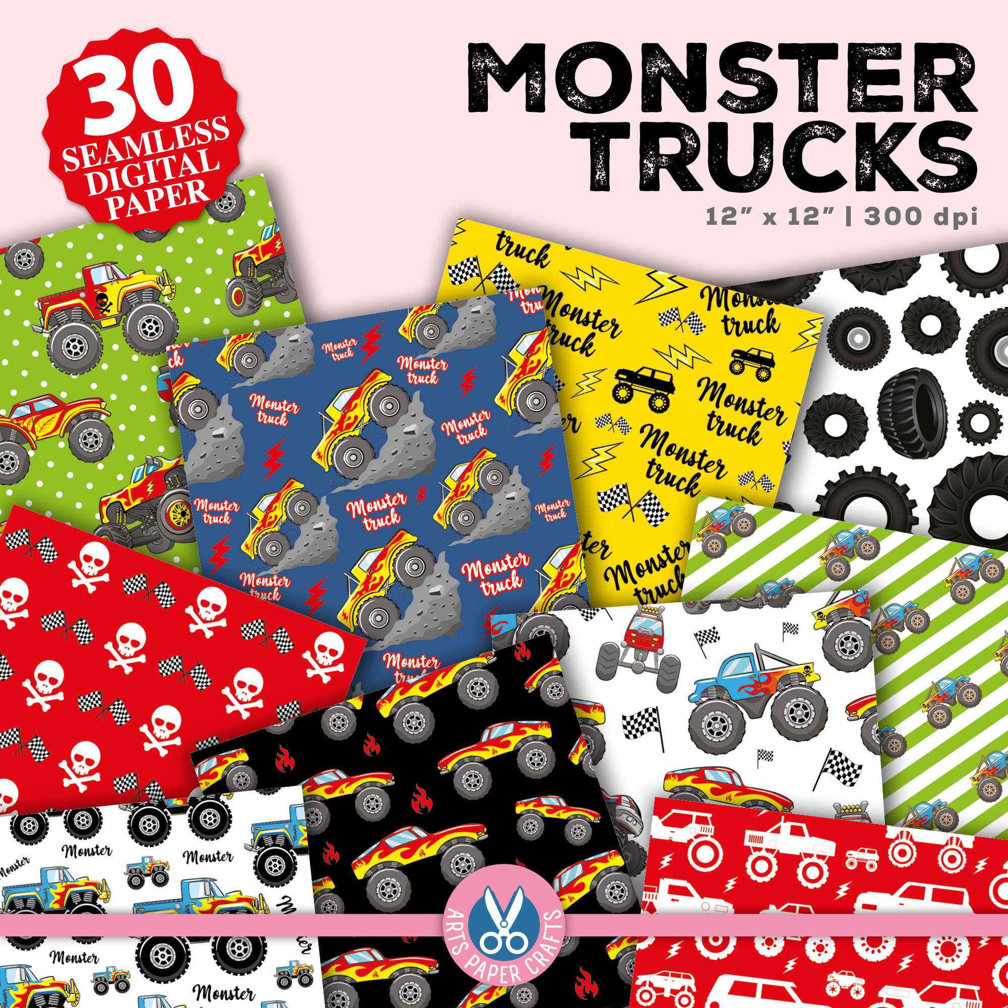 Monster Truck Seamless Digital Paper, Monster Truck Background, Monster ...