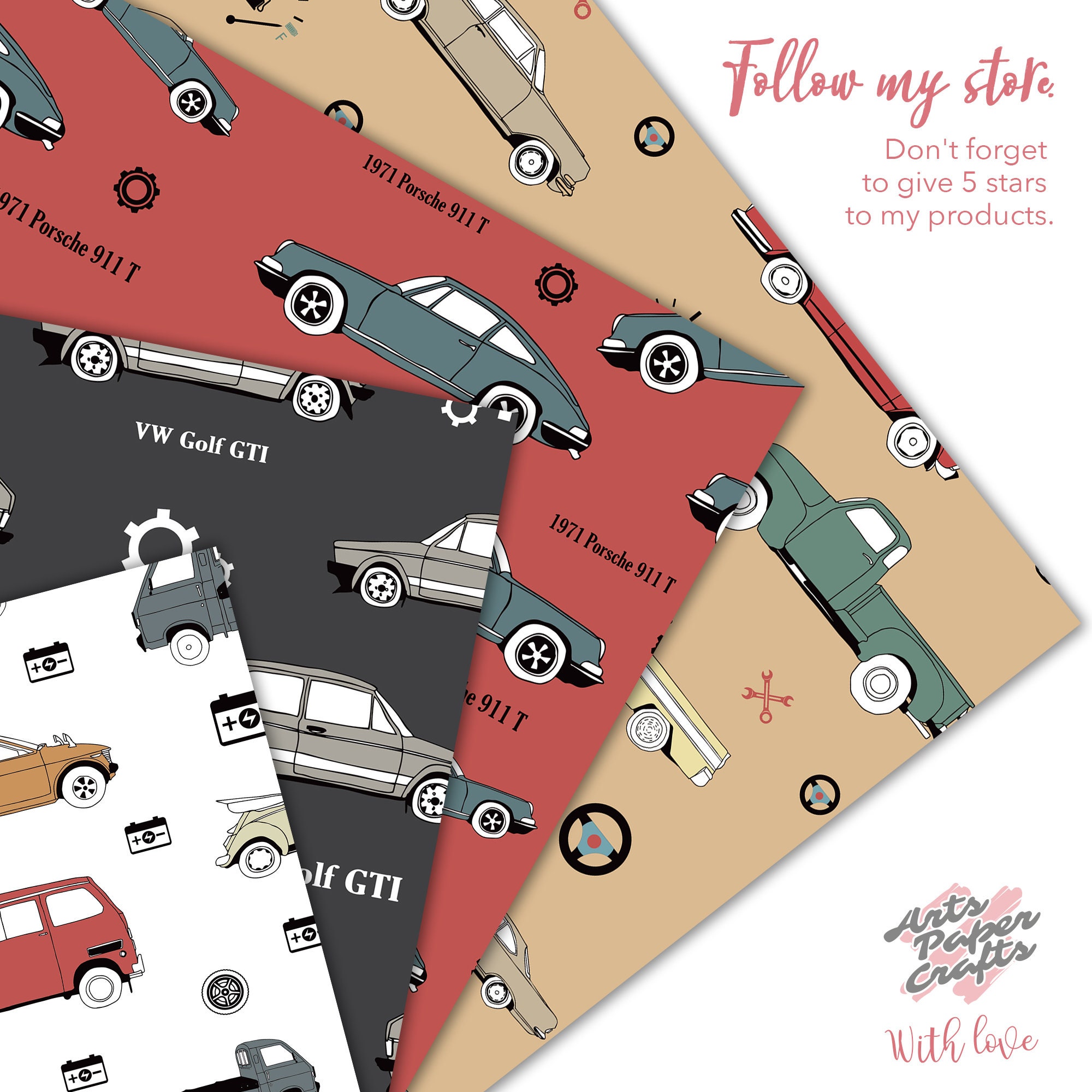 Vintage Cars Digital Papers Set Cars Background Vintage Cars Seamless ...