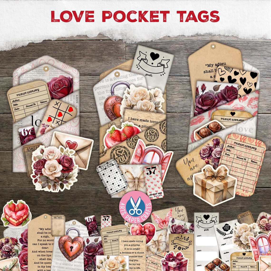 Love Valentine Pocket Tags, Floral, Vintage Roses Junk Journal Kit ...