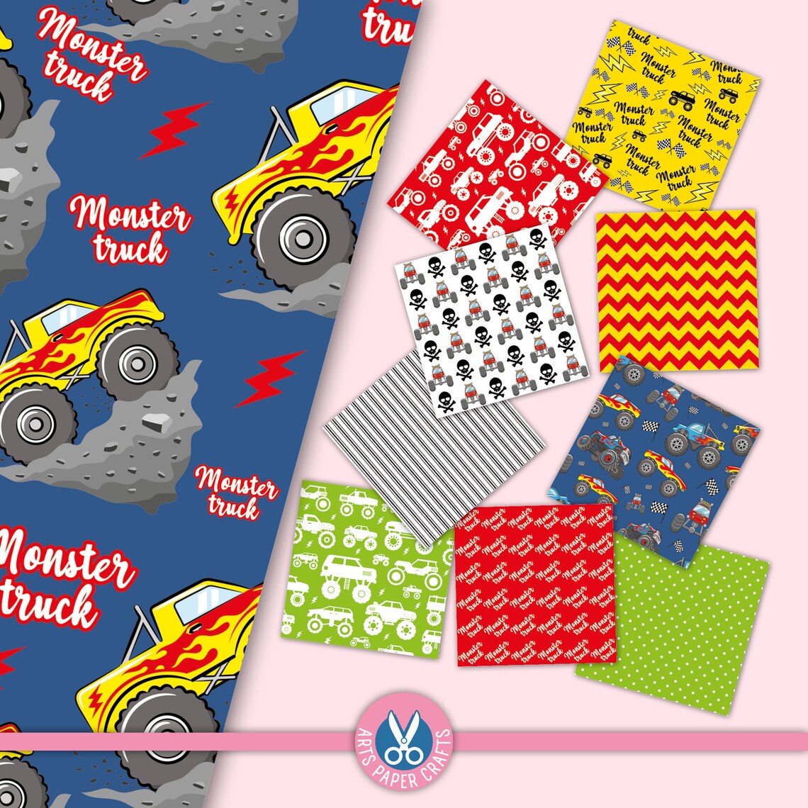 Monster Truck Seamless Digital Paper, Monster Truck Background, Monster ...