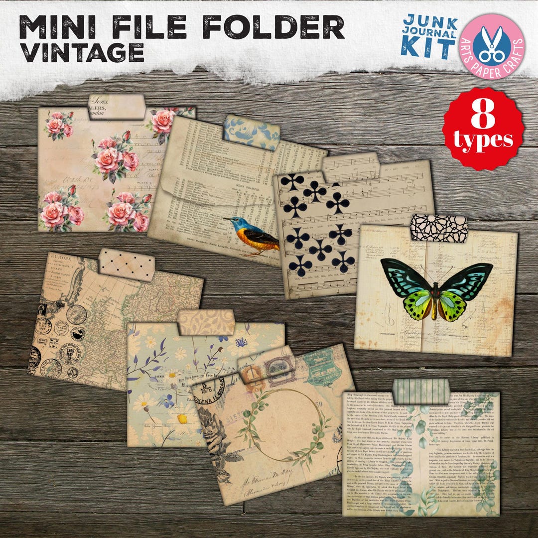 Mini File Folders, Butterfly, Rose Birds, Vintage Junk Journal Kit ...