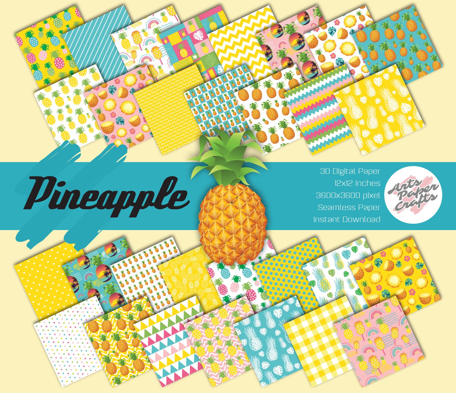 Pineapple Seamless Digital Paper Sets Pineapple Theme Party Yellow Blue ...
