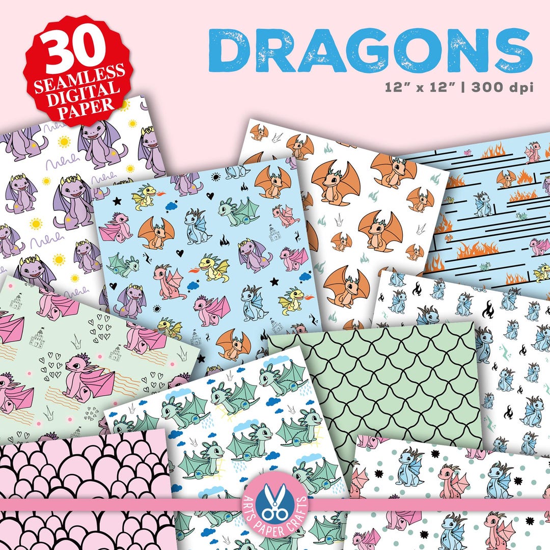 Dragons Digital Papers Set - Dragon Background - Cute Dragon Seamless ...