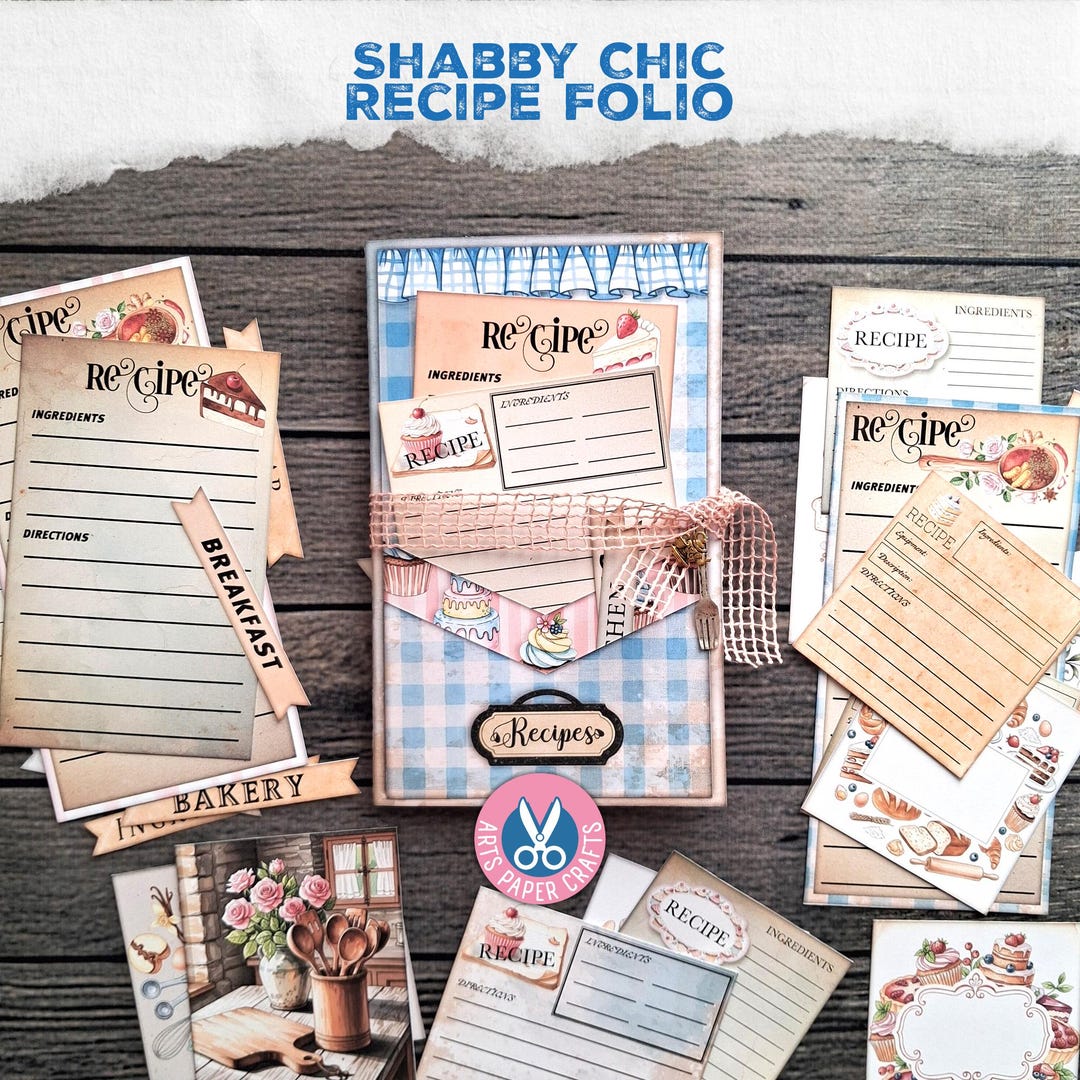 Junk Journal, Shabby Chic Digital Recipe Folio, Tab Folder, Recipe ...
