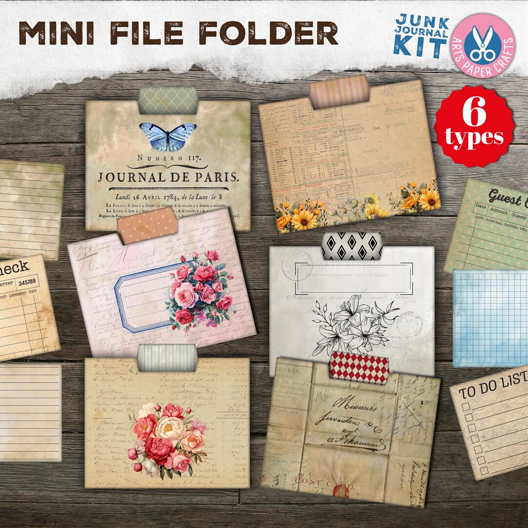 Mini File Folders, Rose, Stripes, Floral, Sunflowers, Junk Journal Kit ...