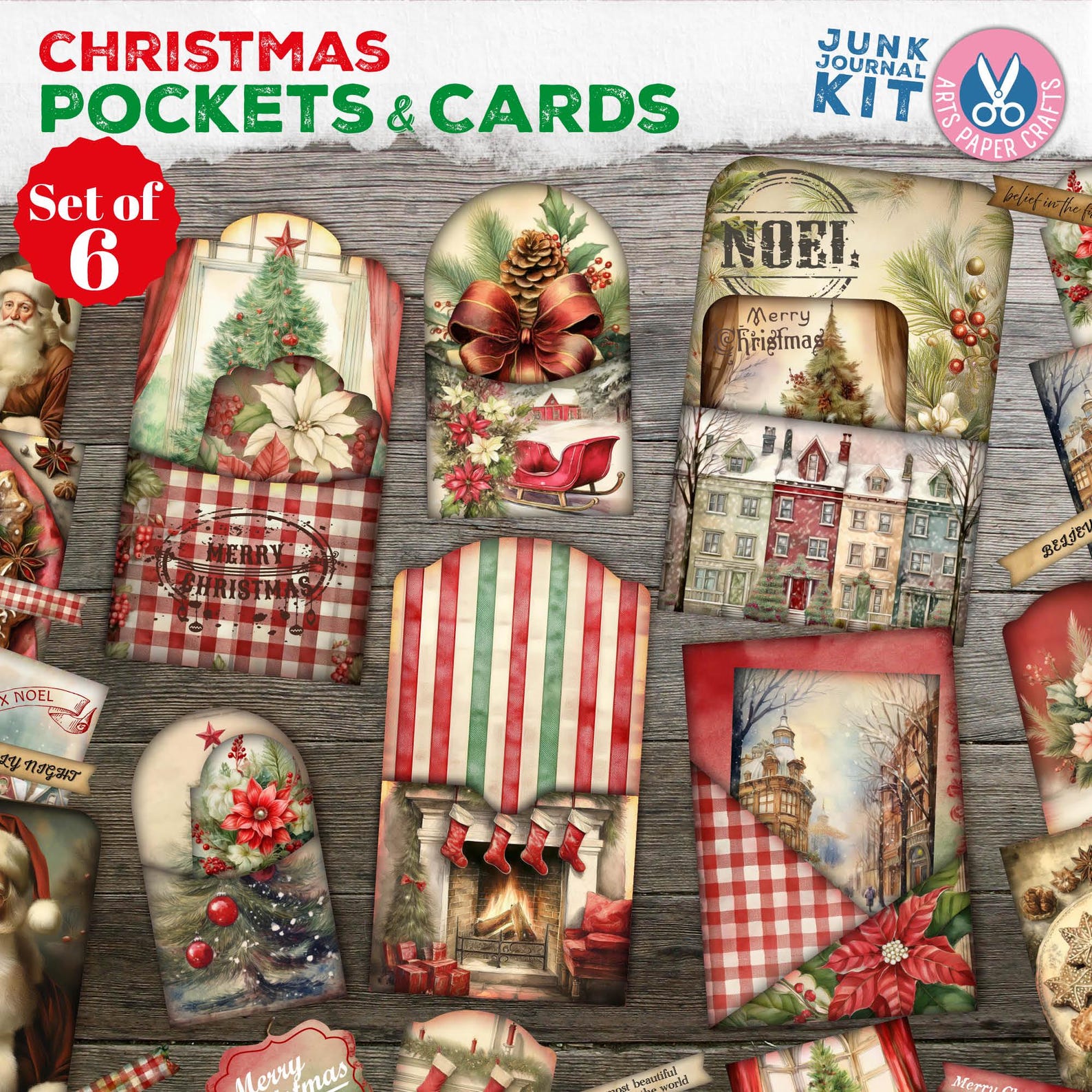 Christmas Pockets and Cards, Christmas Junk Journal Kit, Printable ...