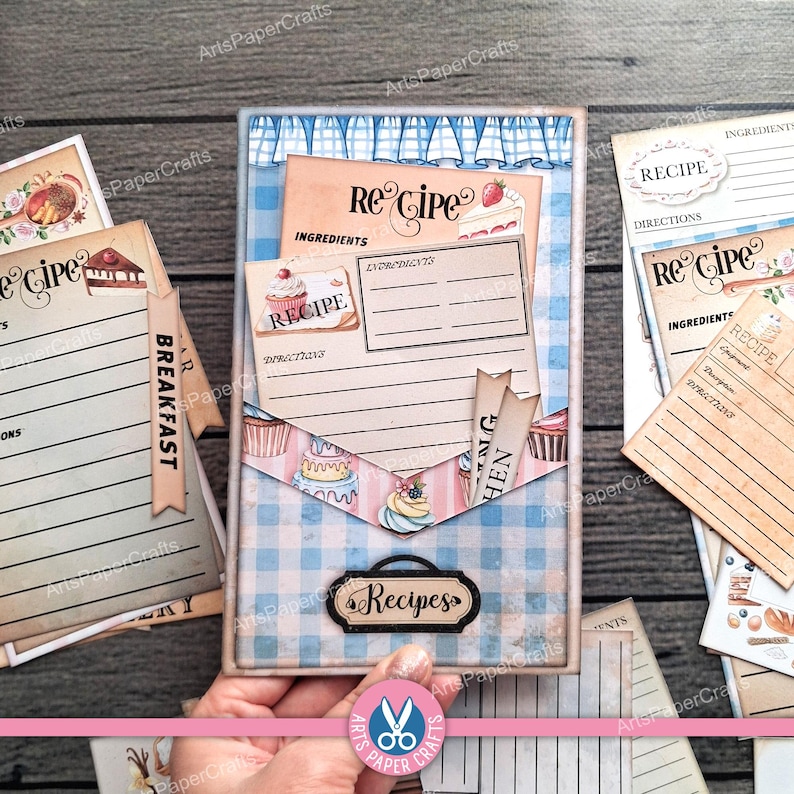 Junk Journal, Shabby Chic Digital Recipe Folio, Tab Folder, Recipe ...