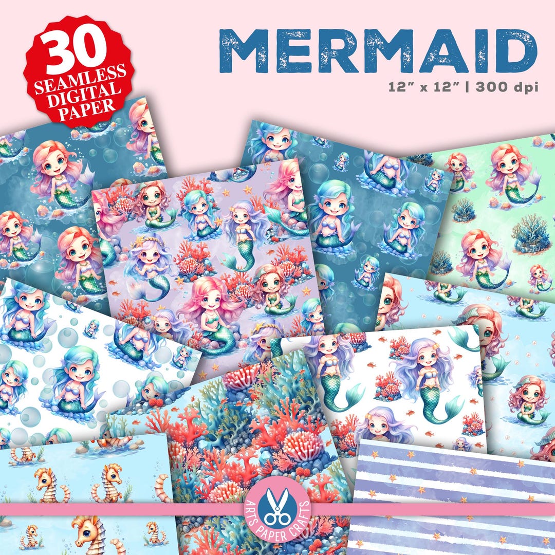 Mermaid Digital Papers - Cute Mermaid Background - Charming Mermaid ...