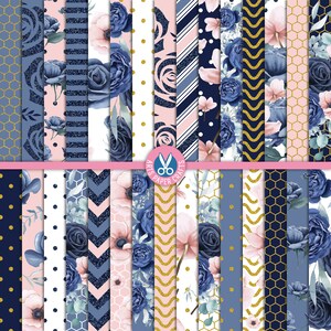 Gold and Roses Digital Paper Set, Navy Gold & Rose Theme Party, Glitter ...