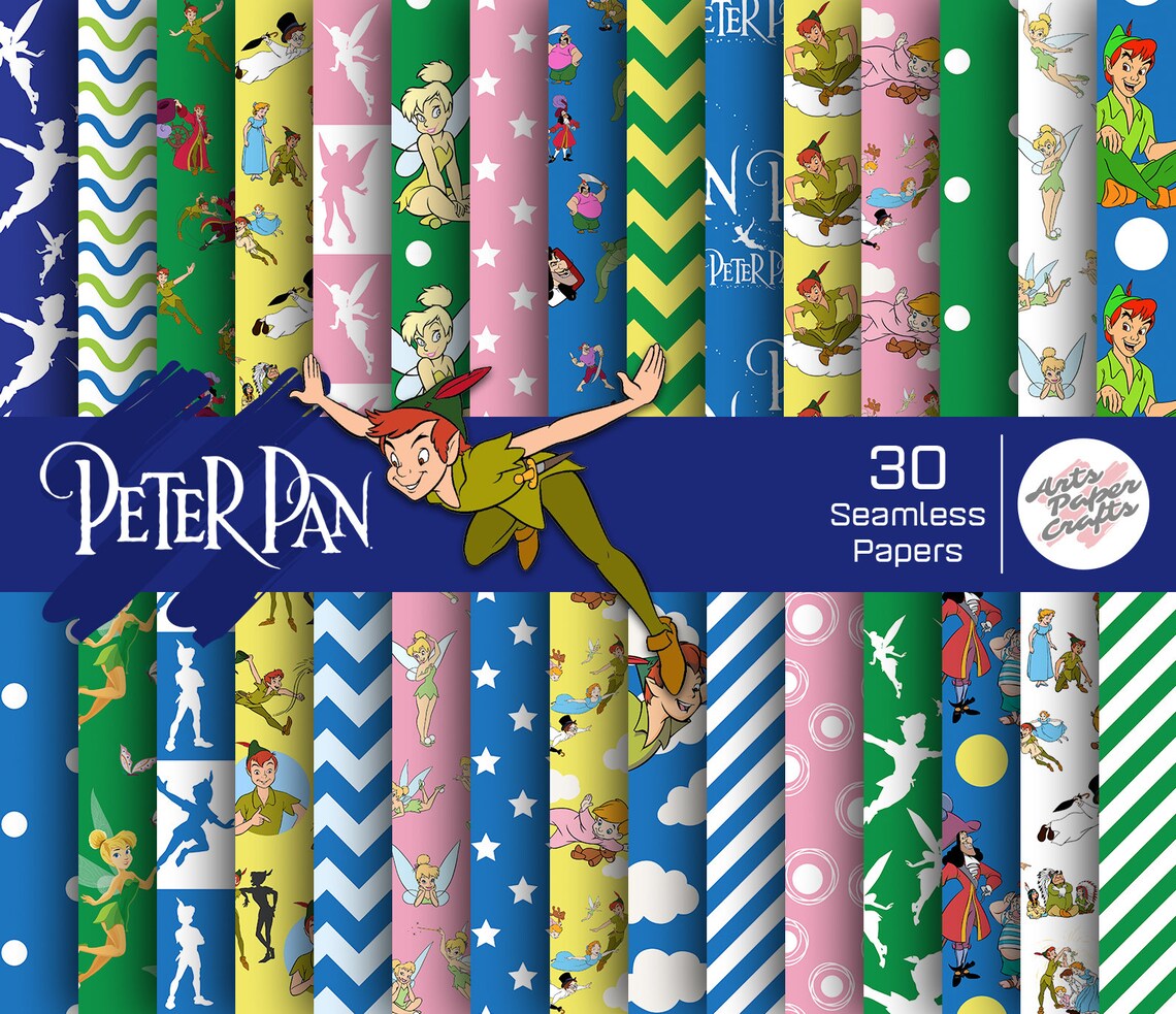 Peter Pan Digital Paper Sets Tinkerbell Theme Party Blue Green ...