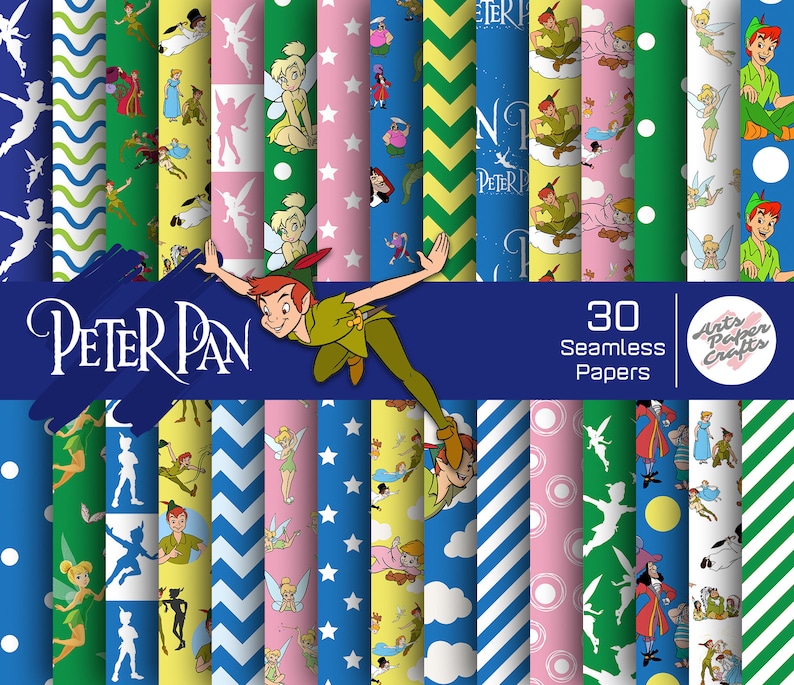 Peter Pan Digital Paper Sets Tinkerbell Theme Party Blue Green ...