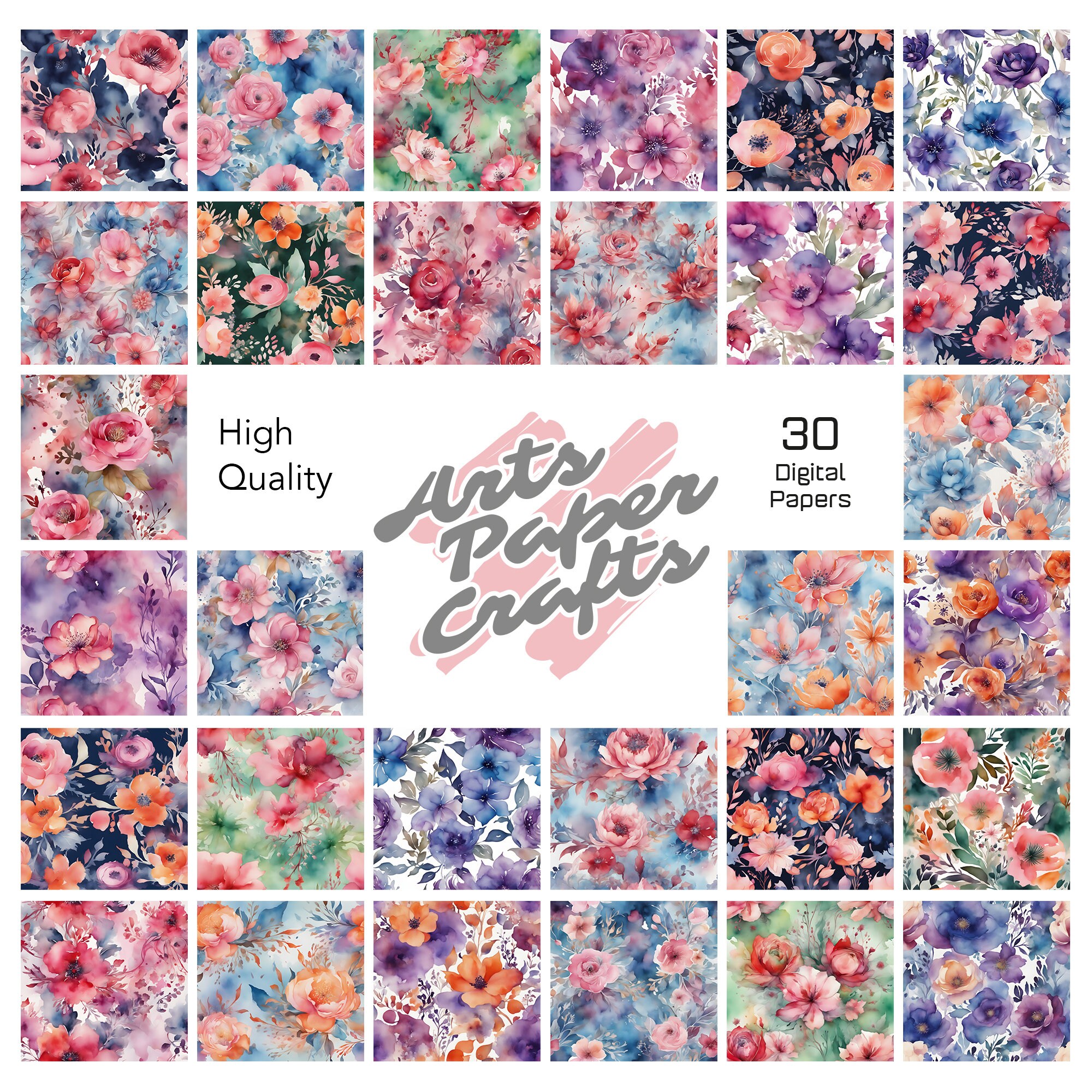 Watercolor Flowers Digital Papers Set Watercolor Flowers - Etsy