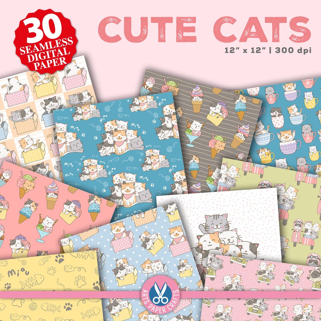 Cute Cats Digital Paper Sets, Cute Theme Party, Cats Background ...