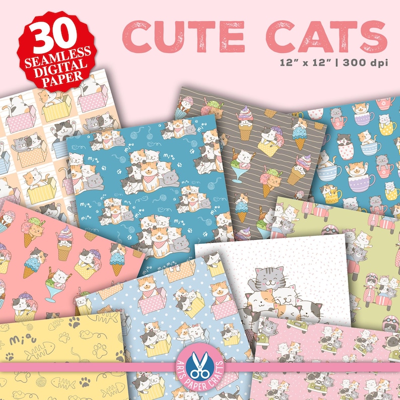 Cute Cats Digital Paper Sets, Cute Theme Party, Cats Background ...