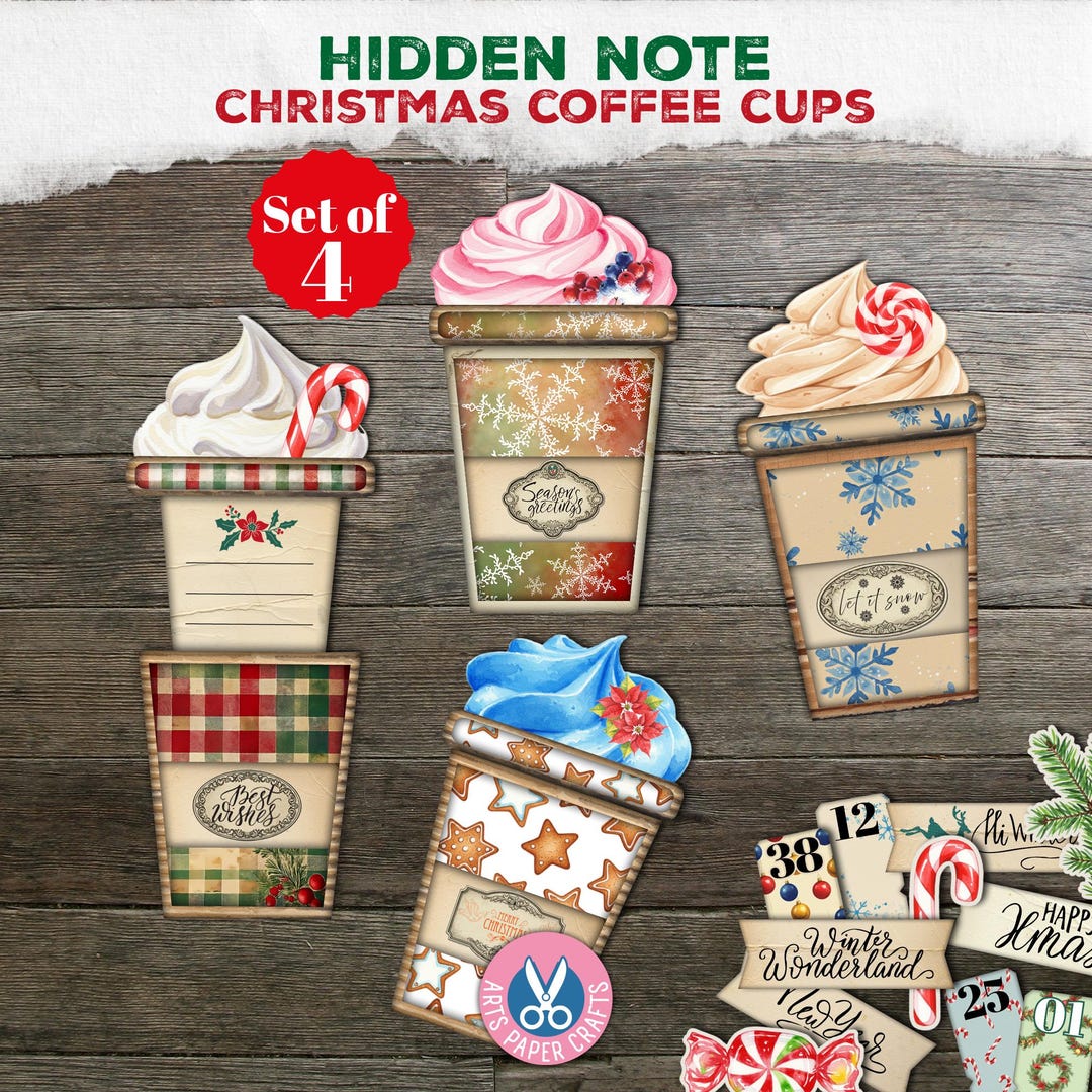 Christmas Coffee Cups, Tickets, Words, Hidden Note, Junk Journal, Tags ...