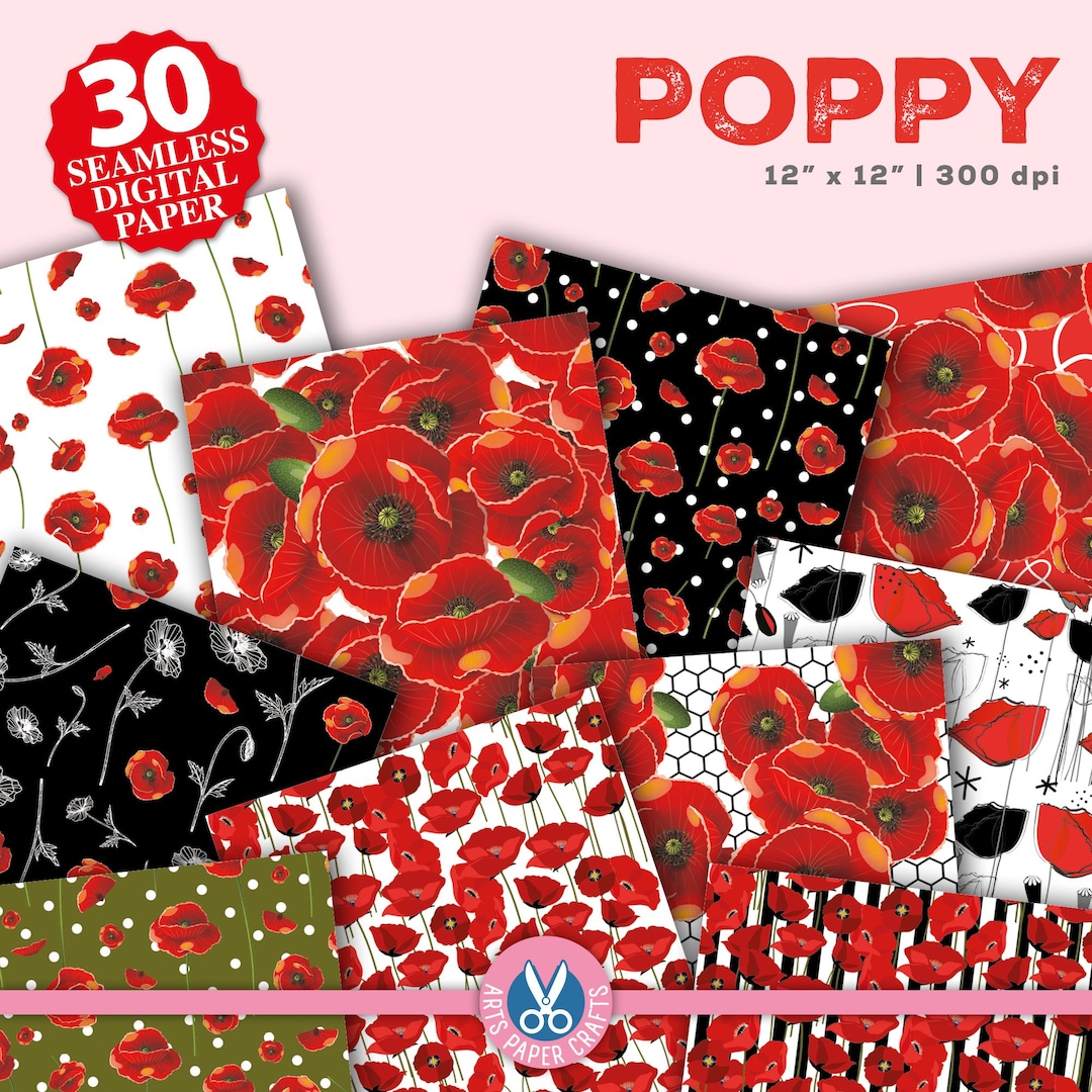 Poppy Seamless Digital Papers, Poppy Theme Party, Floral Junk Journal ...
