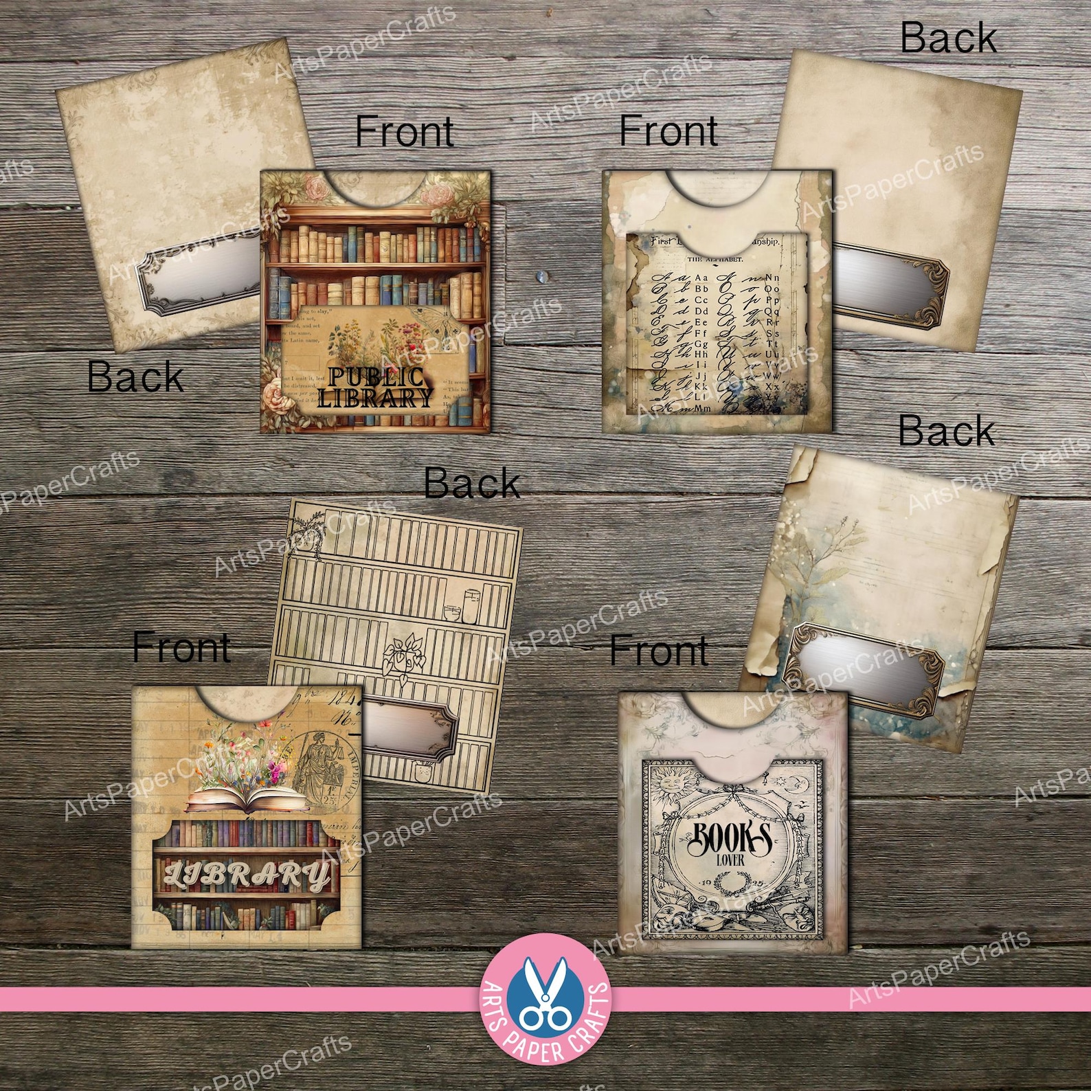 Shabby Library Card Pockets, Junk Journal, Roses Pink, Tag Ephemera ...