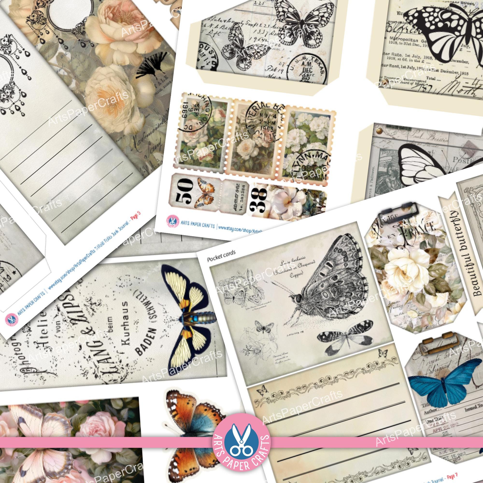 Junk Journal, Journal Toppers, Butterfly, Tab Folder, Folio, Vintage ...