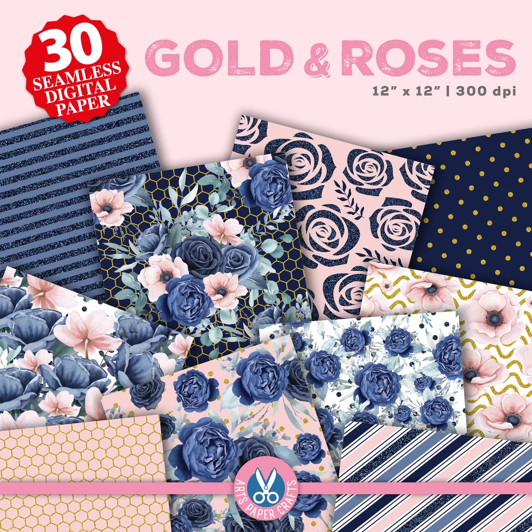 Gold and Roses Digital Paper Set, Navy Gold & Rose Theme Party, Glitter ...