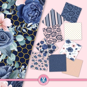 Gold and Roses Digital Paper Set, Navy Gold & Rose Theme Party, Glitter ...