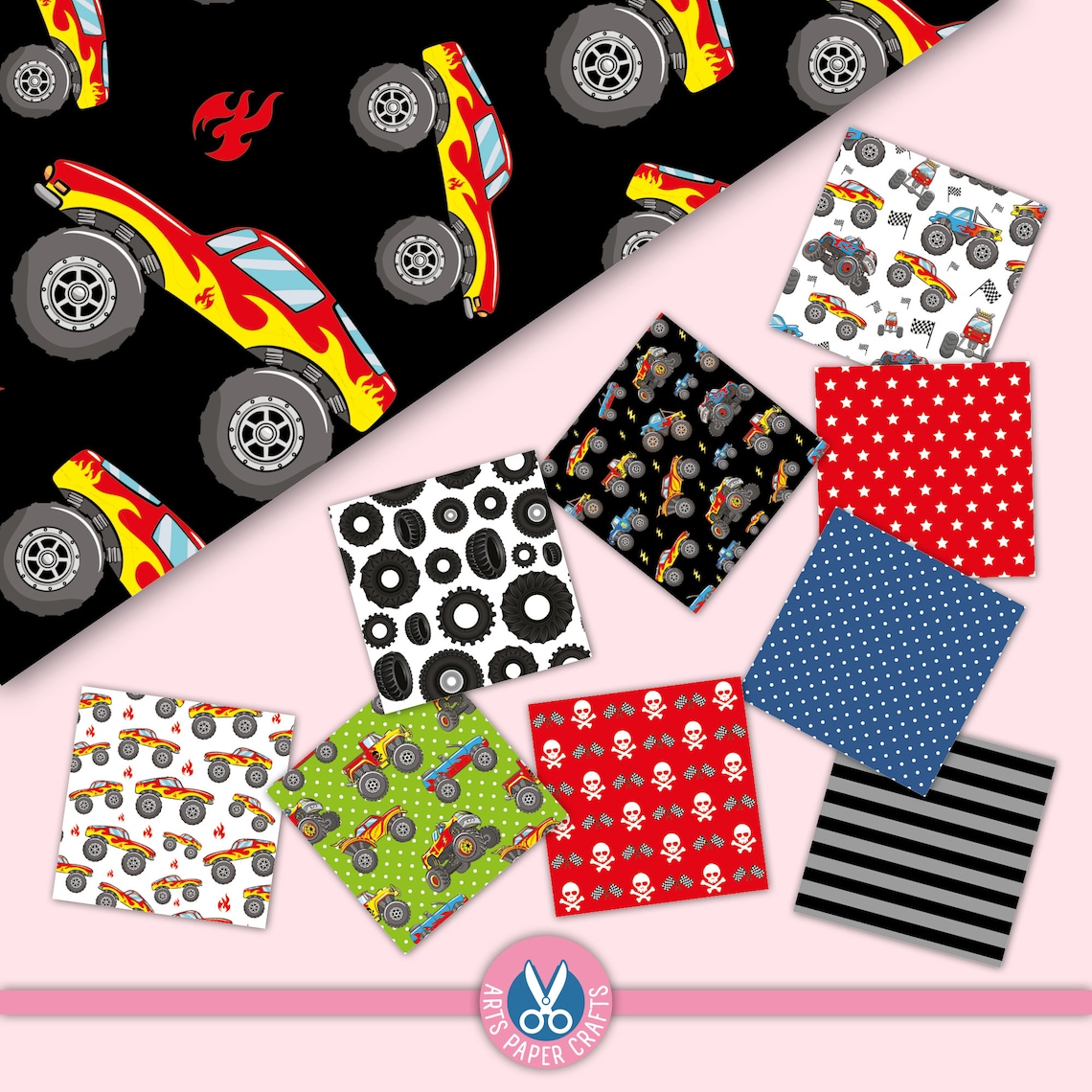 Monster Truck Seamless Digital Paper, Monster Truck Background, Monster ...