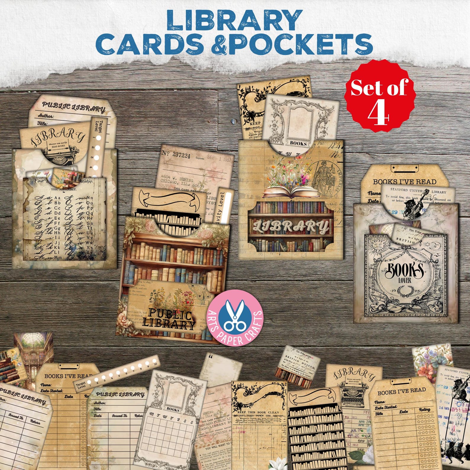 Shabby Library Card Pockets, Junk Journal, Roses Pink, Tag Ephemera ...