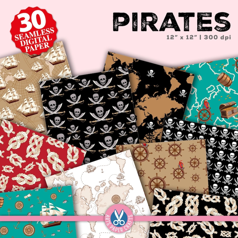 Pirates Digital Papers, Pirates Theme Party, Red Black Green, Pirates ...