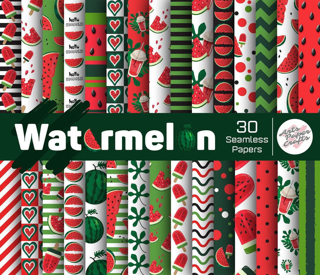 Watermelon Summer 30 Pattern Paper Summer Party Paper Red Green White ...