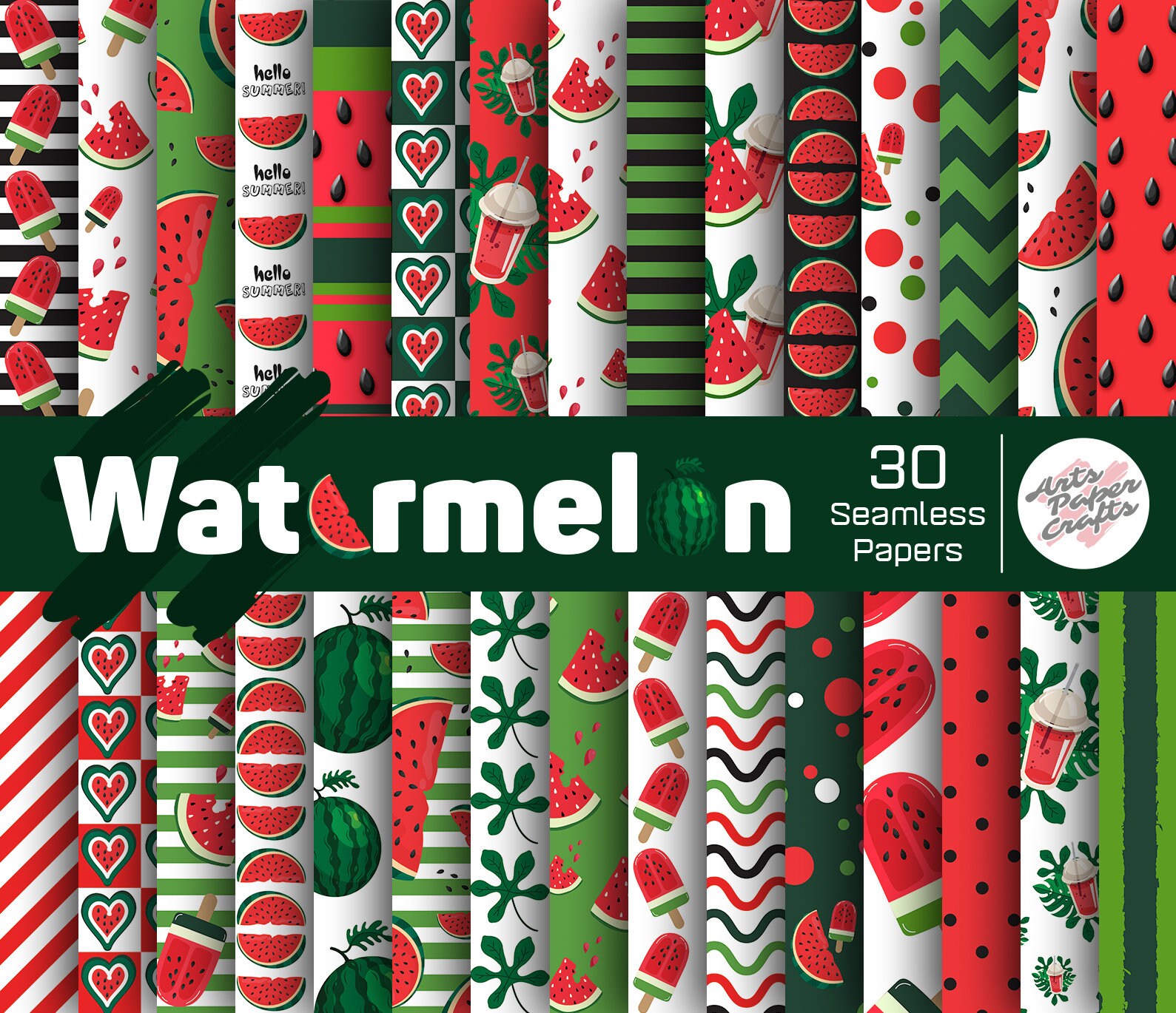 Watermelon Summer 30 Pattern Paper Summer Party Paper Red Green White ...