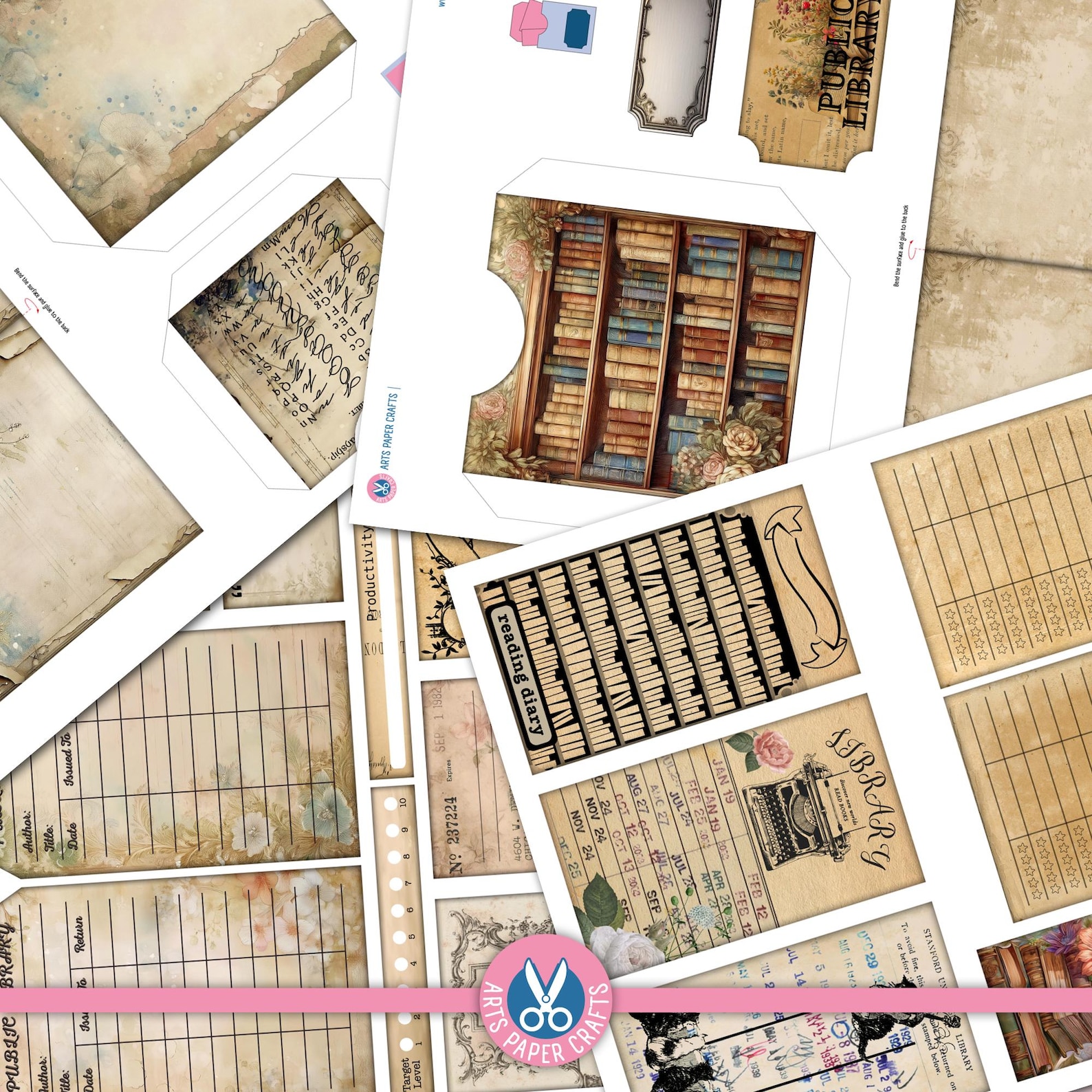 Shabby Library Card Pockets, Junk Journal, Roses Pink, Tag Ephemera ...