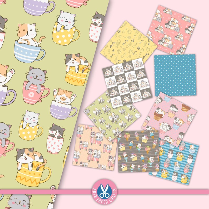 Cute Cats Digital Paper Sets, Cute Theme Party, Cats Background ...