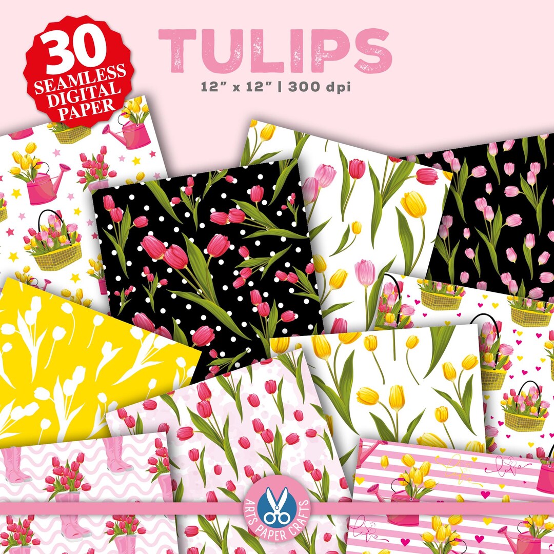 Tulips Flower Digital Paper Sets - Tulips Theme Party - Pink Yellow ...
