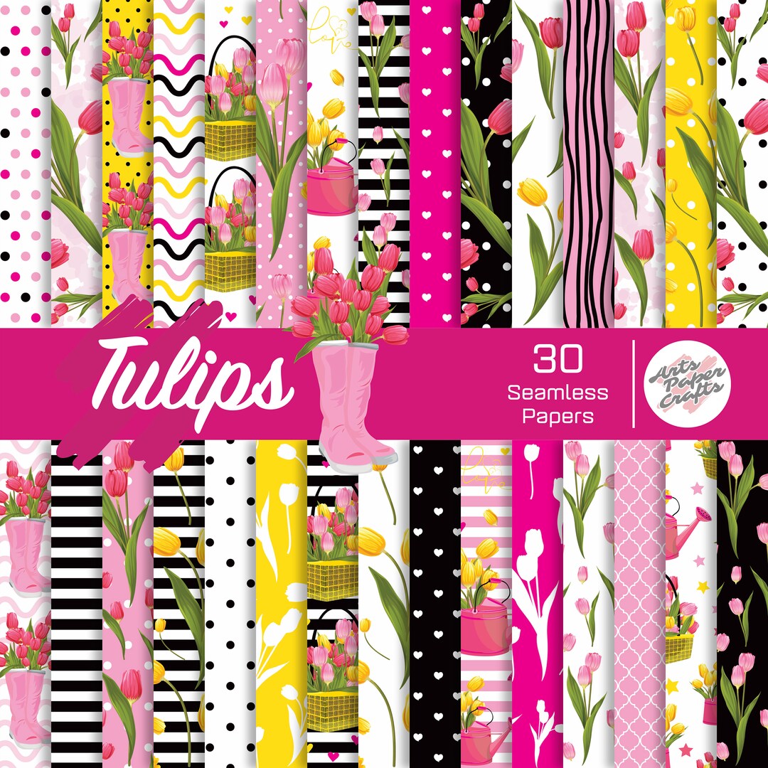 Tulips Flower Digital Paper Sets Tulips Theme Party Pink Yellow Black ...