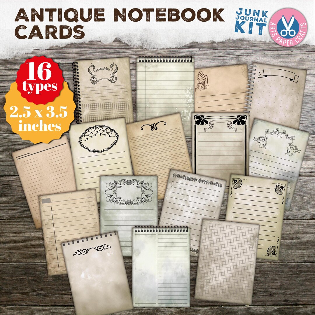 16 Antique Notebook Cards, Lined Cards, Paper, Junk Journal Supplies ...