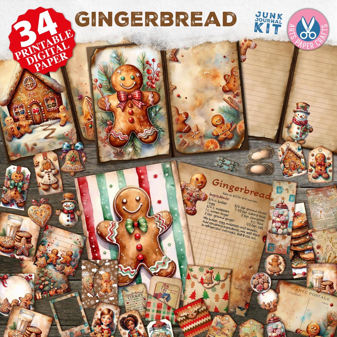 Gingerbread Junk Journal Kit, Fussy Cuts, Digital Kits, Winter Folio ...