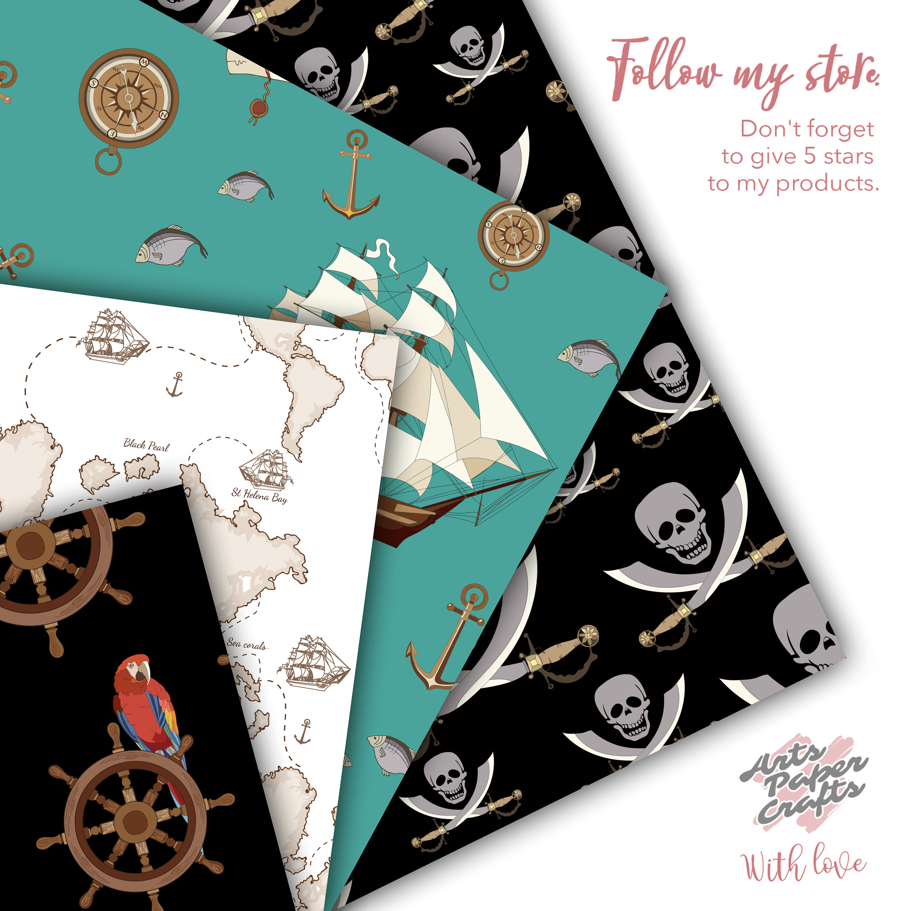 Pirates Digital Paper Sets Pirates Theme Party Red Black Pirates ...