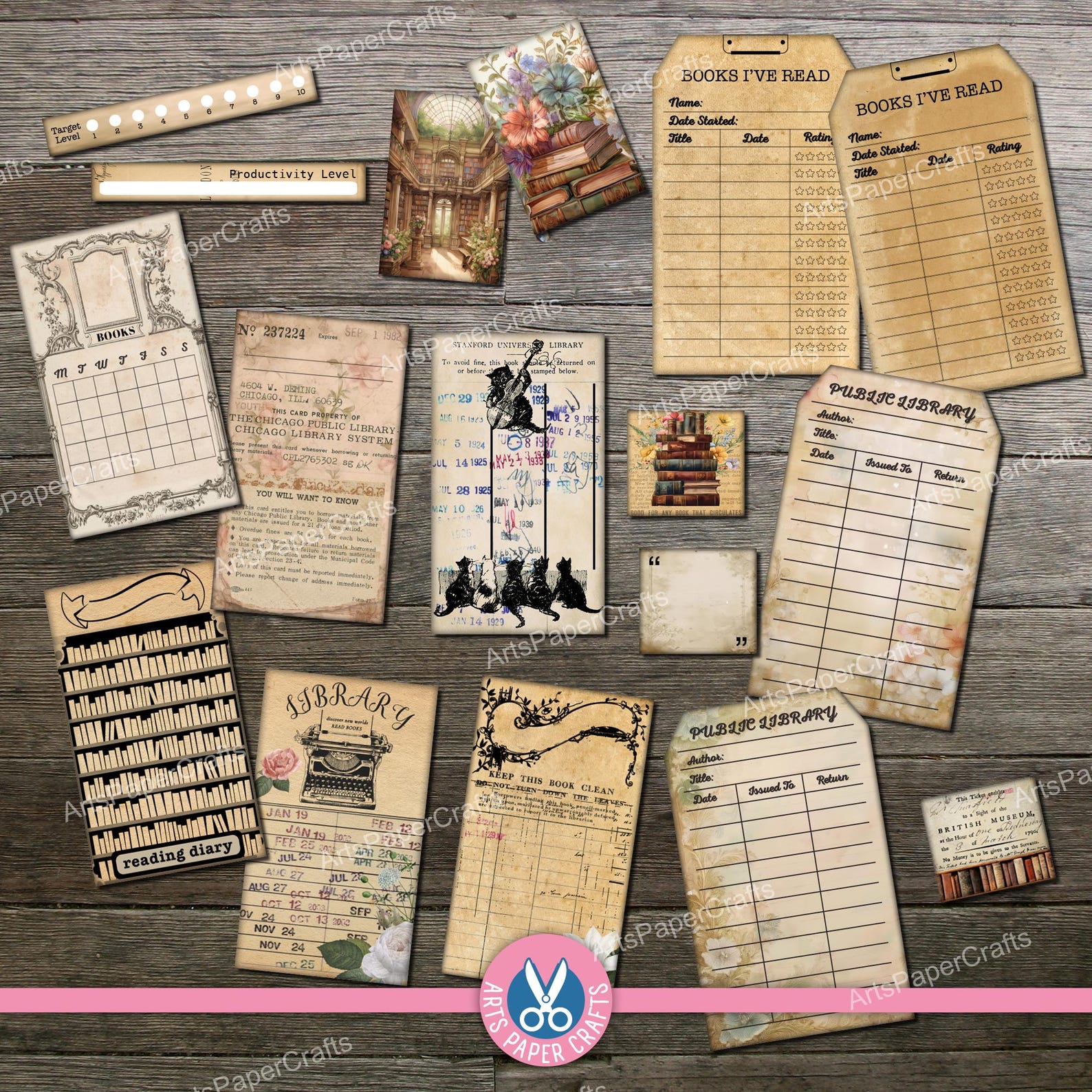 Shabby Library Card Pockets, Junk Journal, Roses Pink, Tag Ephemera ...