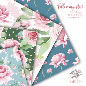 Roses Watercolor Flower Digital Paper Sets Roses Theme Party Pink Blue ...